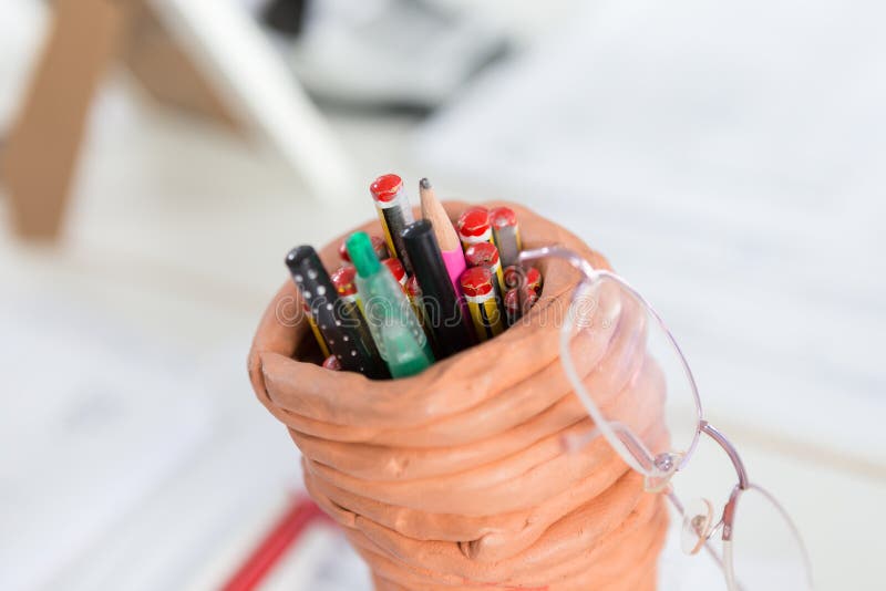 Different pens - top view stock image. Image of containers - 128447379