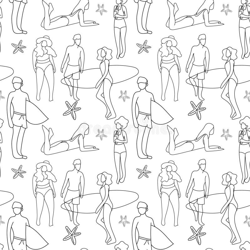 Different People on the Beach Seamless Pattern. Cute Characters are ...
