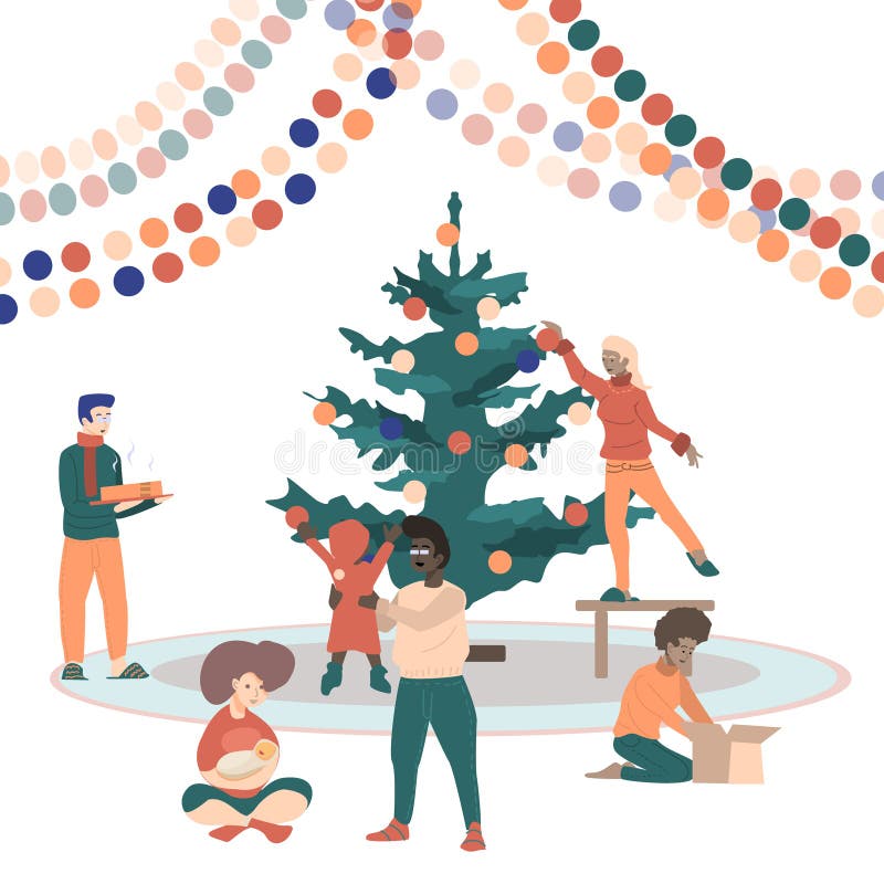 Different People Characters Decorated Big Christmas Tree Stock ...