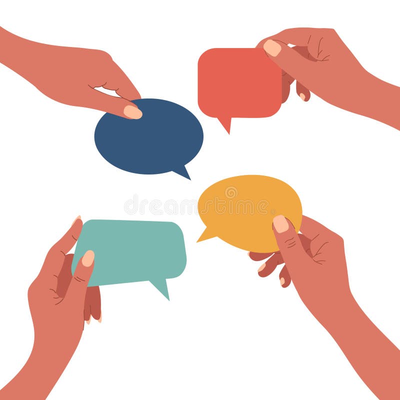 Different People Hands Holding Speech Bubbles. Illustration in Flat ...