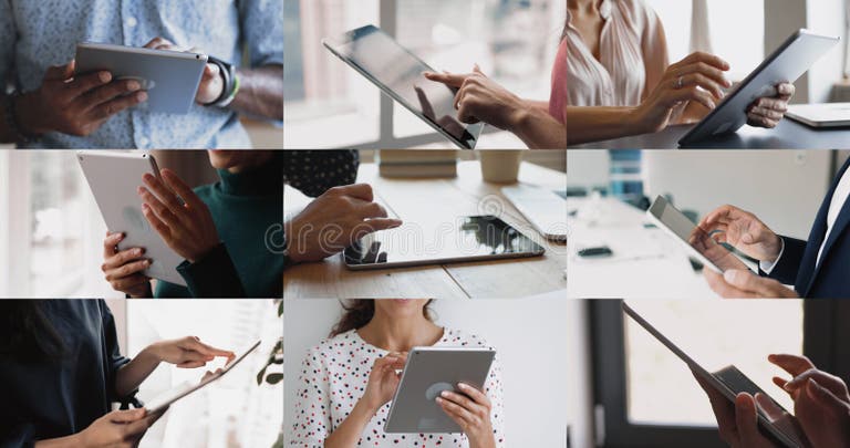 Different People Using Digital Tablets, Multiple Collage Close Up View ...