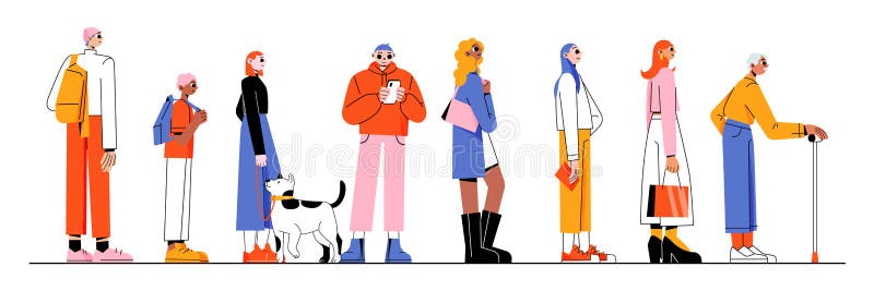 Different People Waiting in Long Queue Stock Vector - Illustration of ...