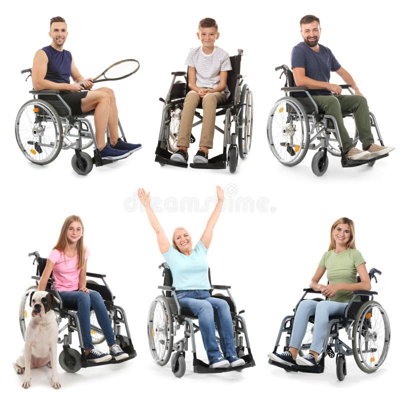 Different People in Wheelchair on White Background Stock Image - Image ...