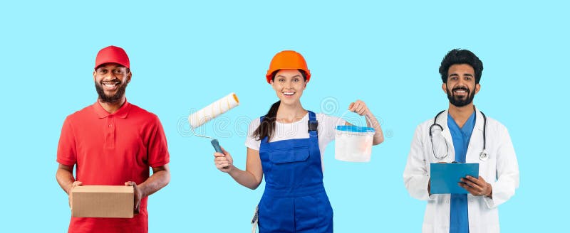 Different People in Work Uniforms Posing Over Blue Background, Stock ...