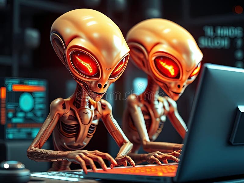 A Different Perspective of Aliens Working on Computers, with Glowing ...