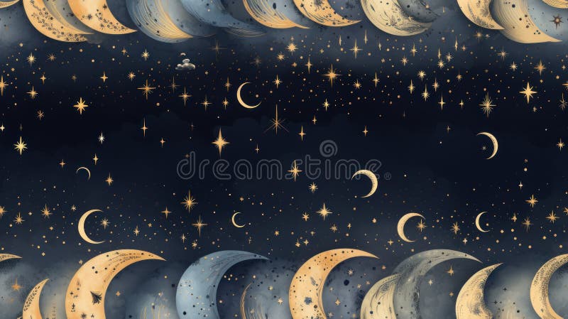 Different Phases of the Moon: Handpainted Watercolor Seamless Pattern ...