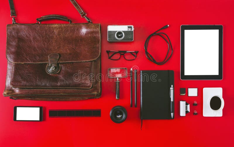 Different Photography Objects on Red Background. Stock Photo - Image of ...