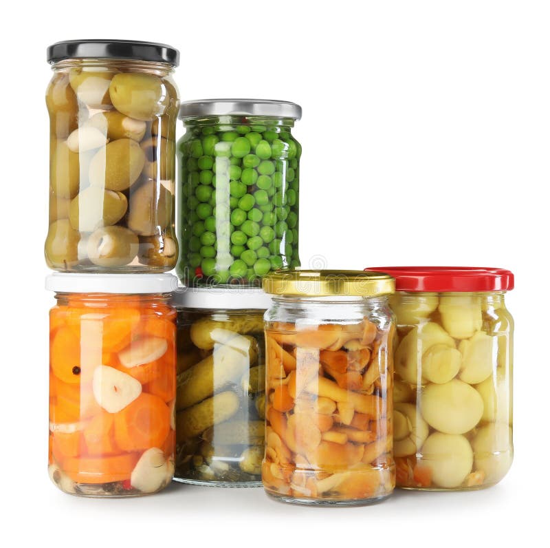 Different Pickled Products in Jars Isolated on White Stock Image ...
