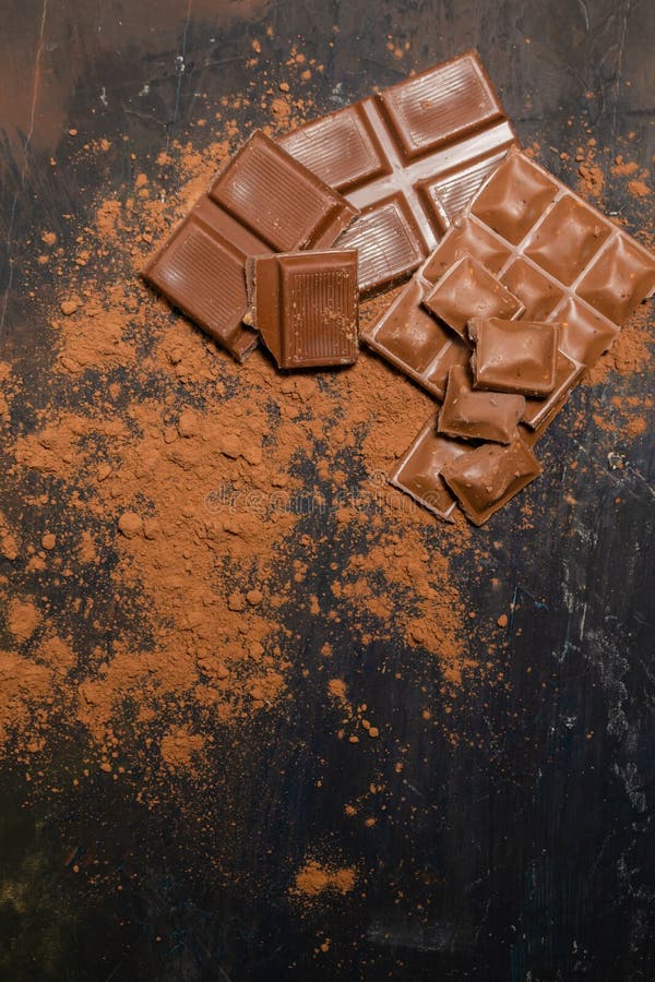 Different Pieces of Dark Chocolate and Cocoa Powder on a Dark Surface ...