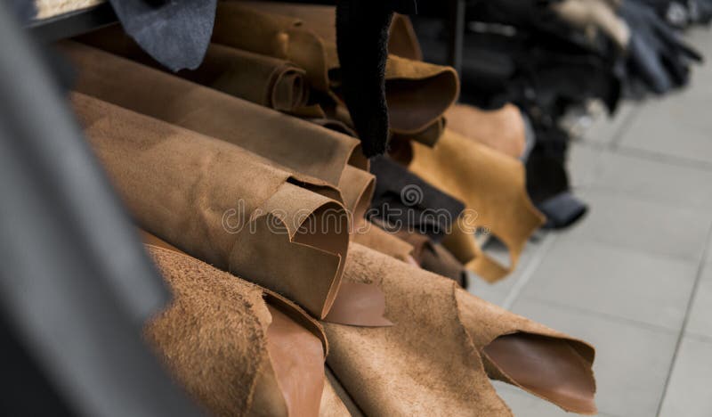 Different Pieces of Leather in a Rolls. the Pieces of the Colored ...