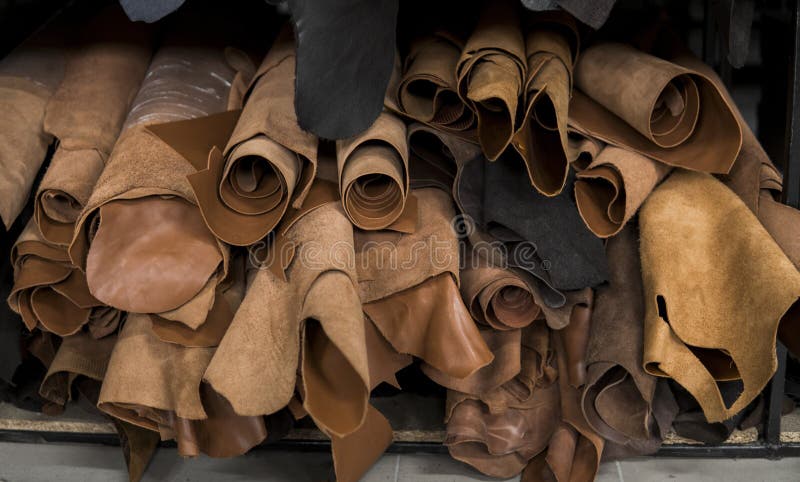 Different Pieces of Leather in a Rolls. the Pieces of the Colored ...