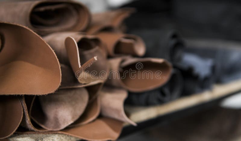Different Pieces of Leather in a Rolls. the Pieces of the Colored ...
