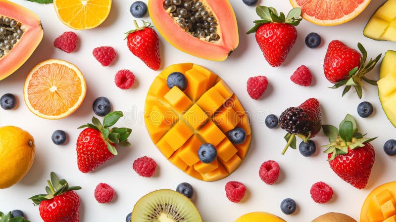 Different Pieces of Tropical Fruits and Berries on a White Stock Image ...