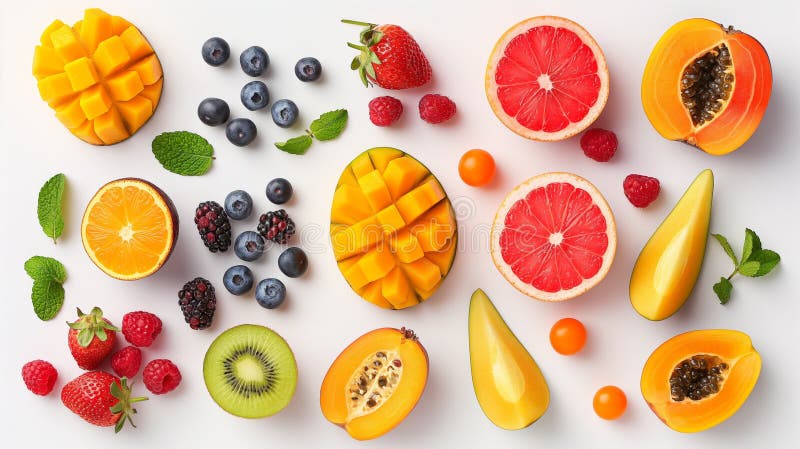 Different Pieces of Tropical Fruits and Berries on a White Stock Image ...