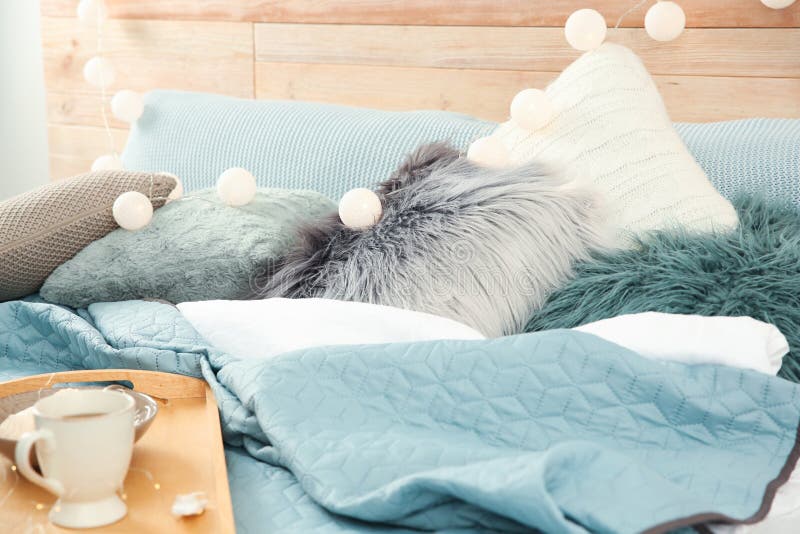 Different Pillows and Tray with Breakfast on Bed Stock Photo - Image of ...