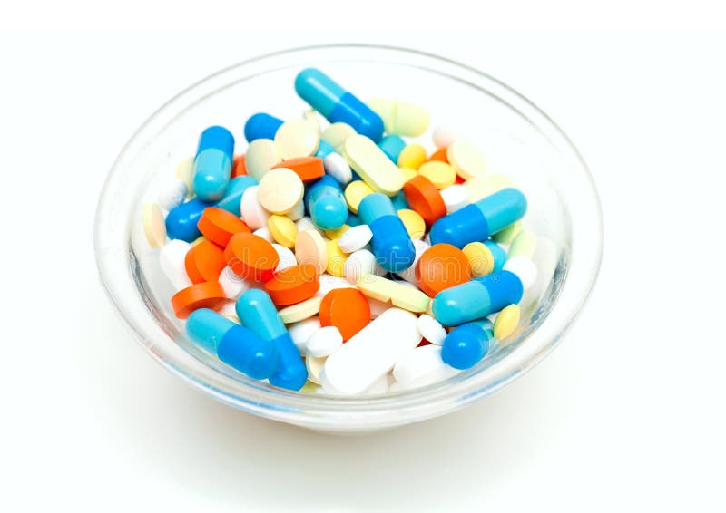 Different Pills in a Glass Bowl Stock Photo - Image of headache, care ...