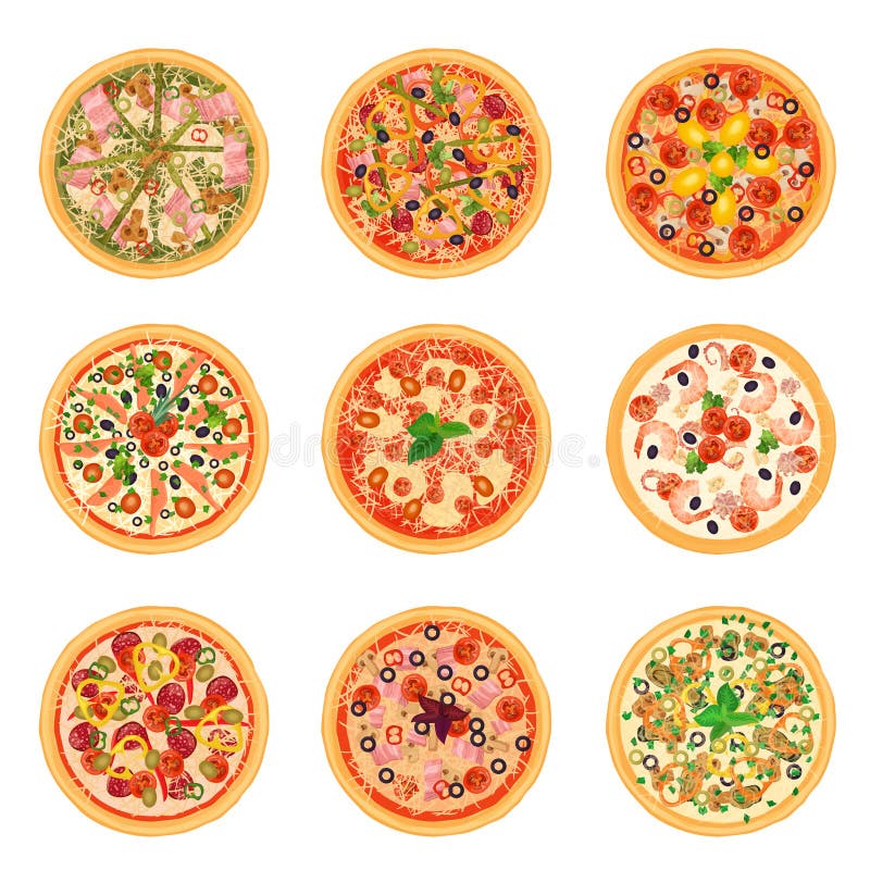 Different Pizza Food Icons Set Collection . Pizza Menu Illustration ...