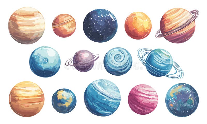 Different Planets Watercolor Set Modern Technique Illustration on White ...