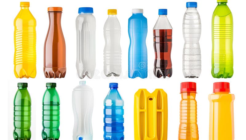 Different Plastic Bottles and Cups Isolated on White, Set Stock Image ...