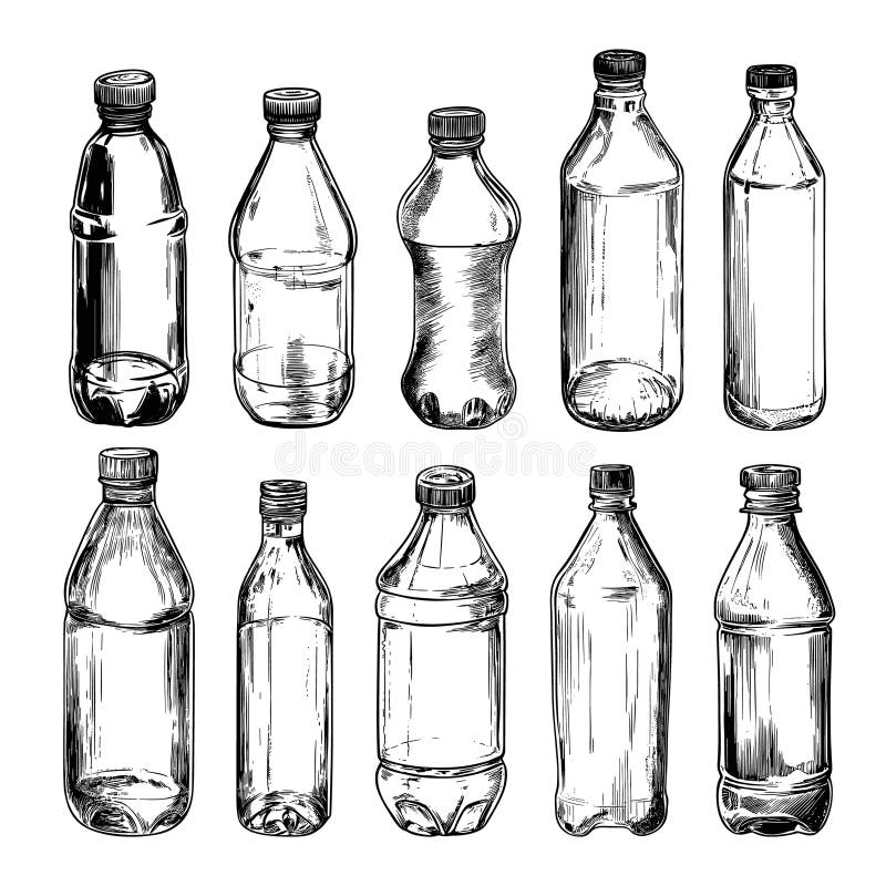Different Plastic Bottles Set Ink Pen Style Illustration White ...