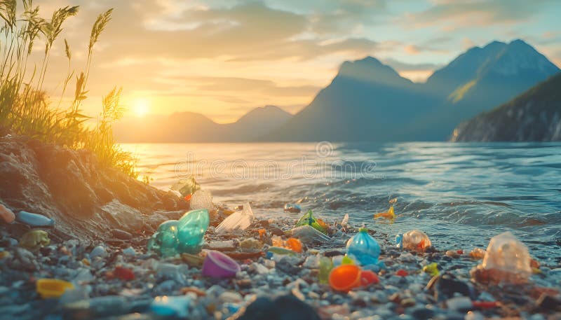 Different Plastic Garbage in Ocean. Environmental Pollution Stock Image ...