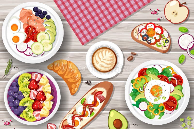 Different Plates of Food on the Table Stock Illustration - Illustration ...