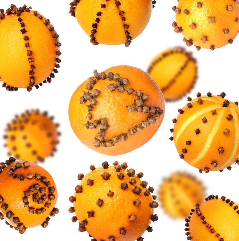 Different Pomander Balls Made of Fresh Tangerines and Cloves Falling on ...