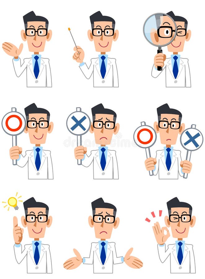 9 Different Poses for a Man`s Upper Body Illustration in a White Coat ...