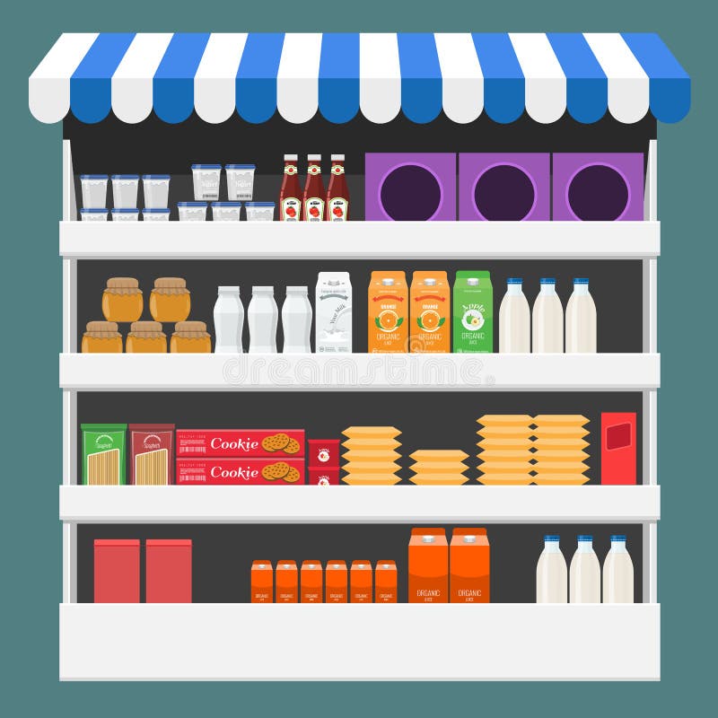 Different Products Boxes, Packages and Bottles on Shelf at Store. Flat ...