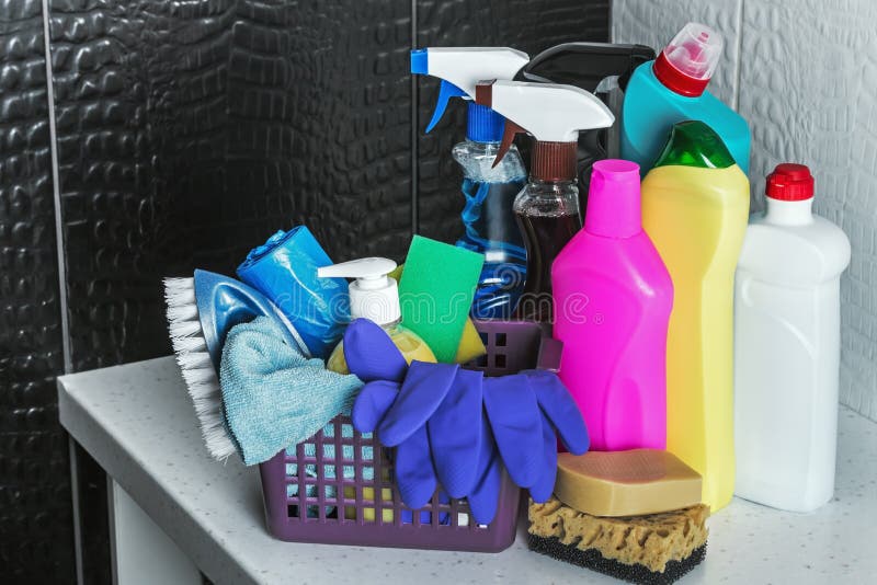 Different Products and Items for Cleaning on the Floor in the Toilet ...