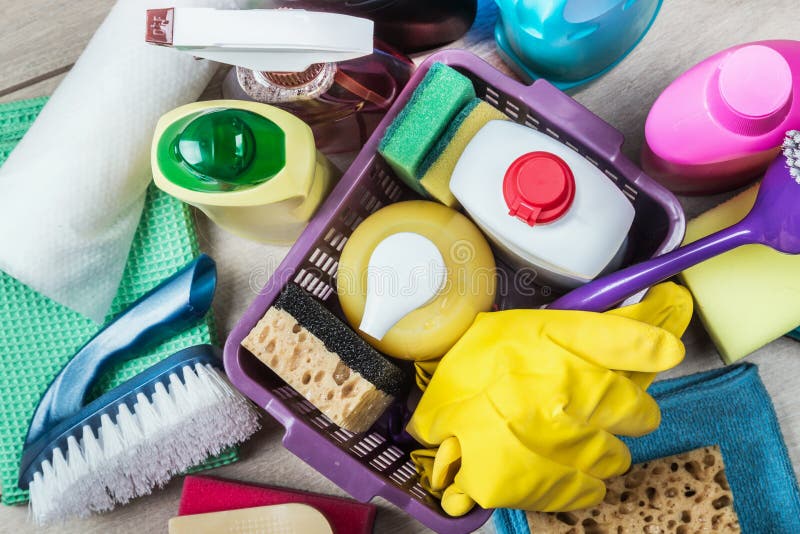 Different Products and Items for Cleaning on the Floor in the Toilet ...
