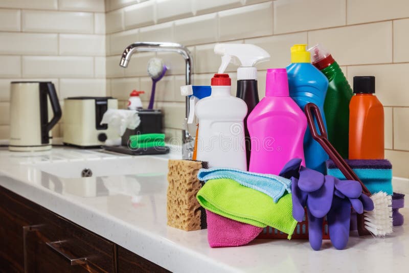 Different Products and Items for Cleaning in the Kitchen Stock Photo ...