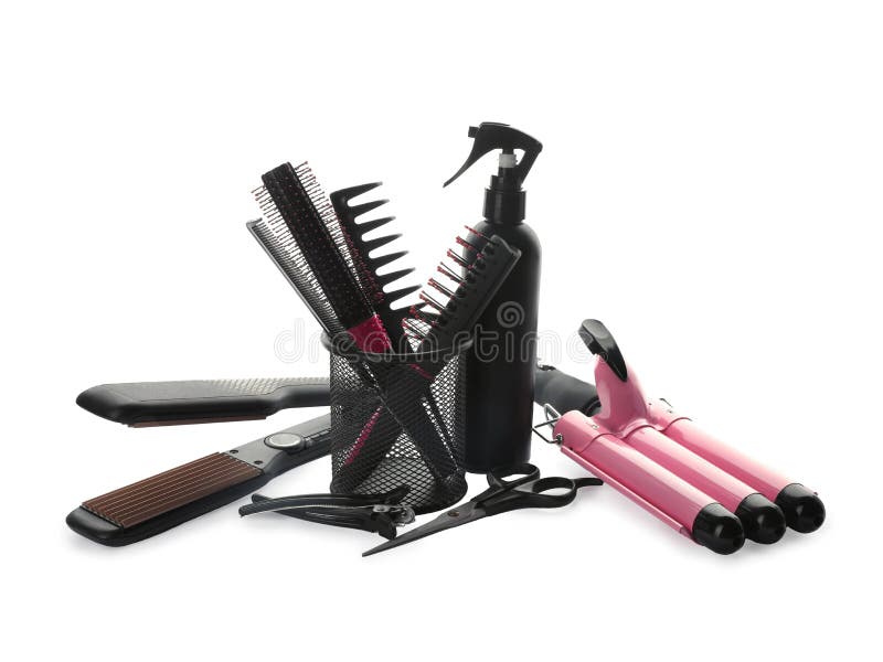 Different Professional Hairdresser Tools on White Background Stock ...