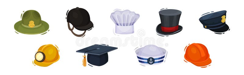 Different Professions Hat and Headdress As Uniform Accessory Vector Set ...