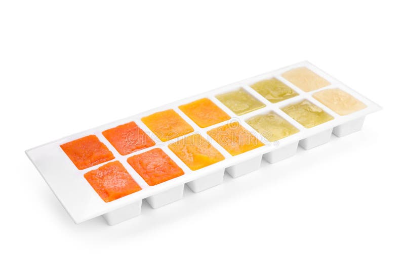 Different Purees in Ice Cube Tray Isolated on White. Ready for Freezing ...