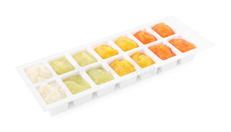 Different Purees in Ice Cube Tray on White Background. Ready for ...