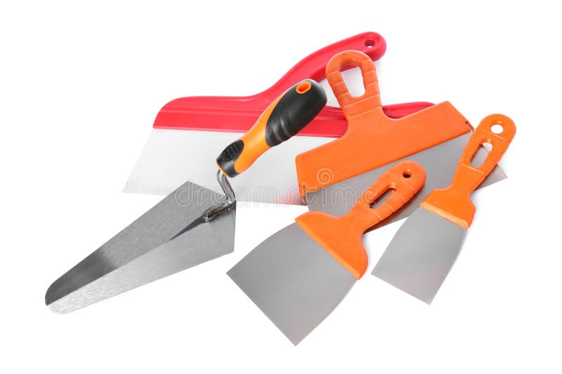 Different Putty Knives and Trowel Isolated on White. Construction Tools ...
