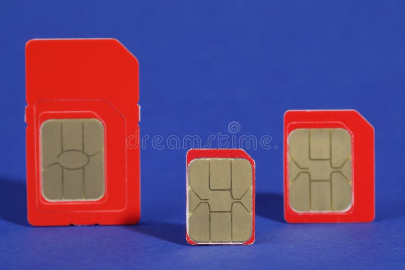 Different Red SIM Cards on Blue Background, Closeup Stock Photo - Image ...