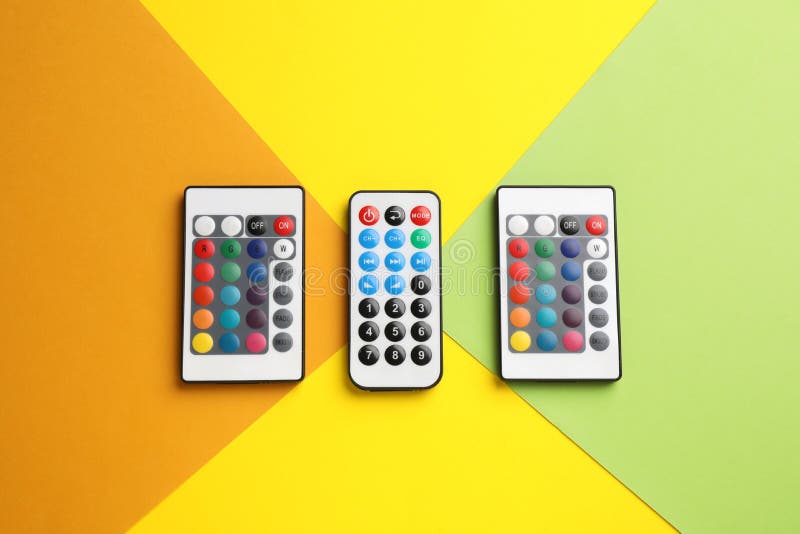 Different Remote Controls on Color Background, Flat Lay Stock Image ...