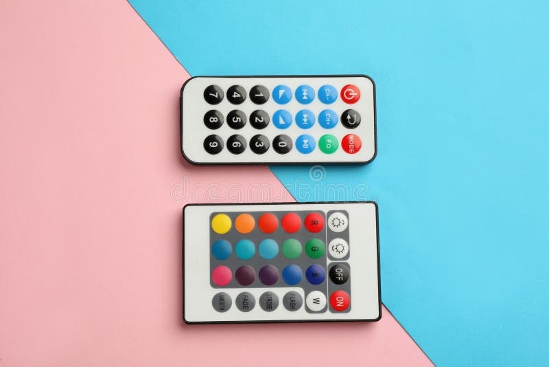 Different Remote Controls on Color Background, Flat Lay Stock Image ...