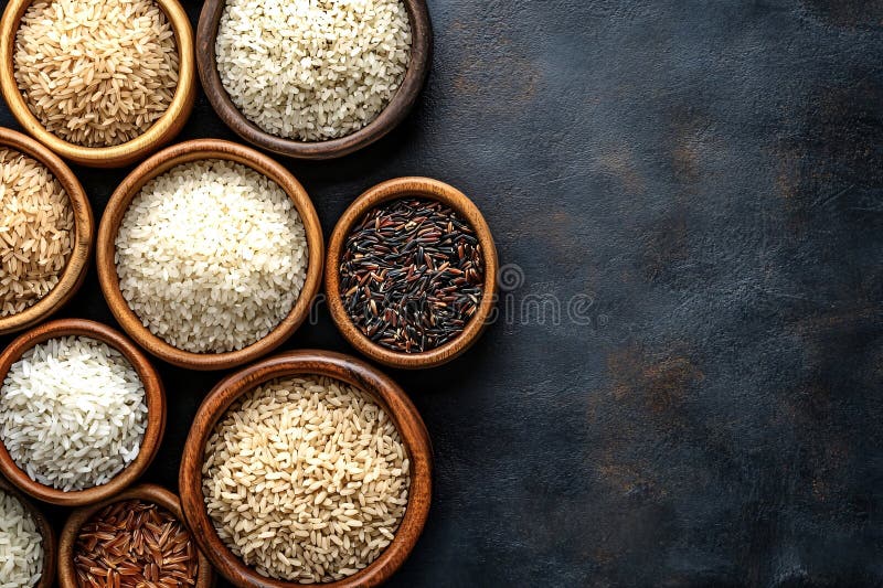Different Rice Types in Bowls Forming a Border on Left Side on Dark ...