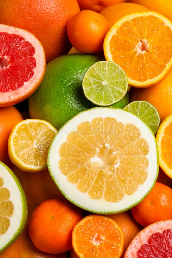 Different Ripe Citrus Fruits As Background, Top View Stock Image ...