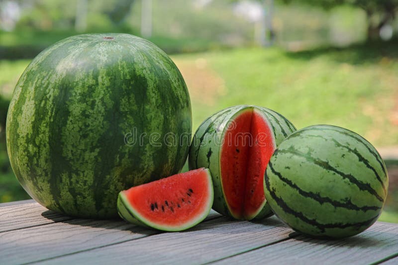 Different Ripe Whole and Cut Watermelons on Wooden Table Outdoors Stock ...