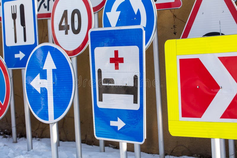 Different Road Signs Along the Road. Stock Image - Image of symbol ...