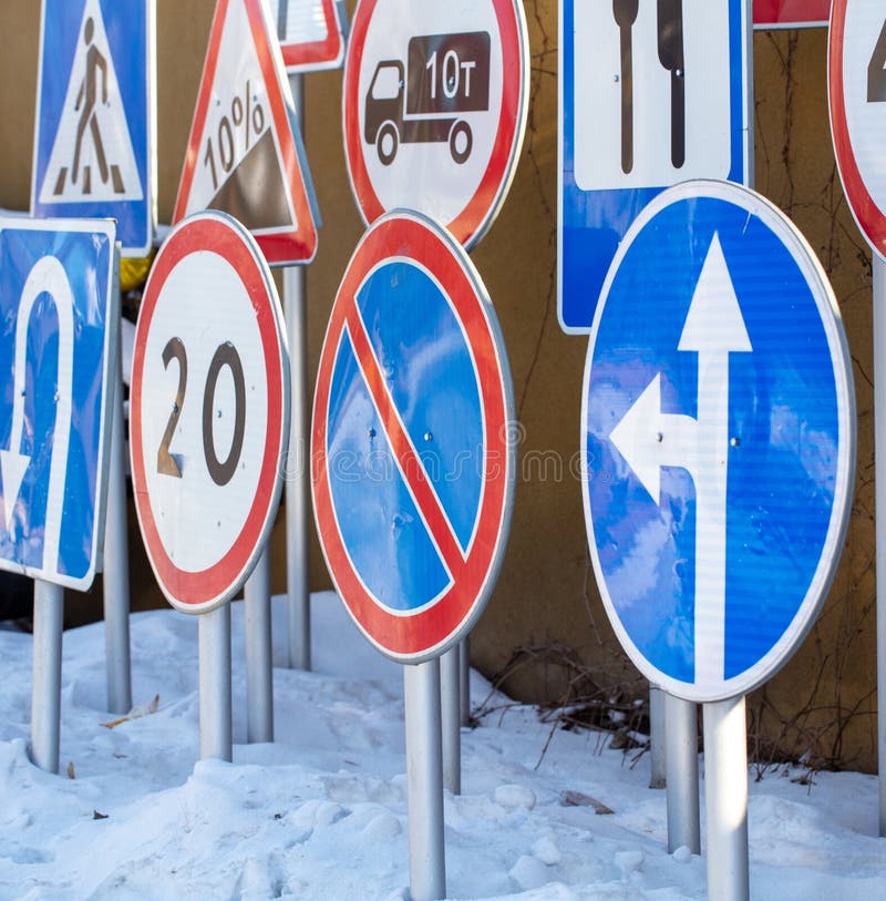 Different Road Signs Along the Road. Stock Image - Image of symbol ...