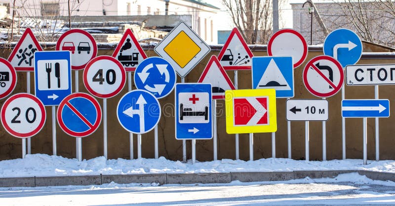 Different Road Signs Along the Road. Stock Image - Image of traffic ...