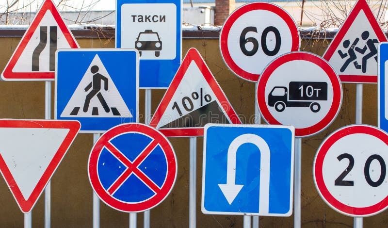 Different Road Signs Along the Road. Stock Photo - Image of road ...