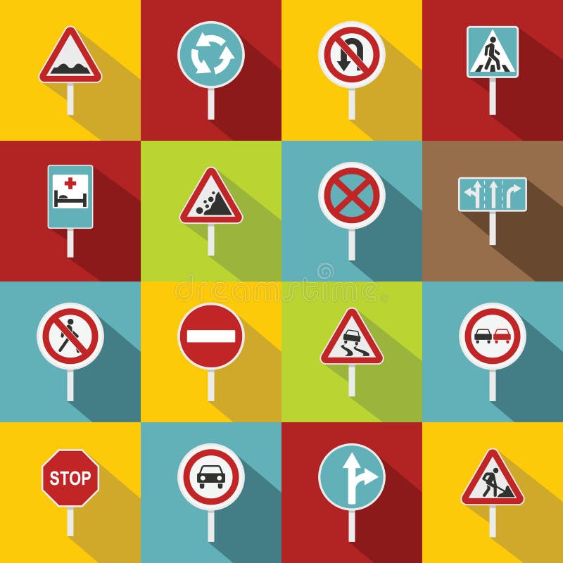 Different Road Signs Icons Set, Flat Style Stock Vector - Illustration ...