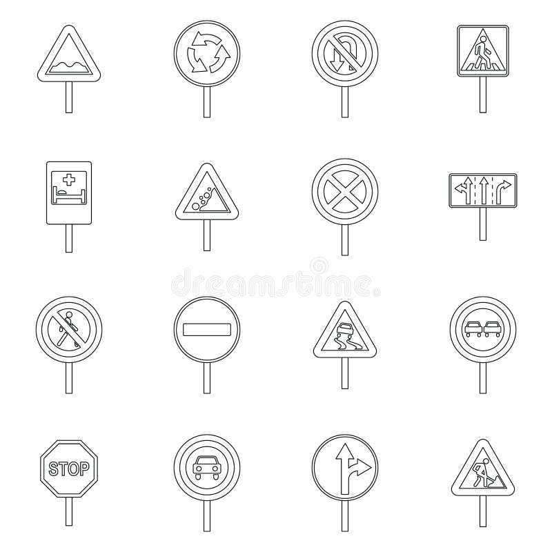 Different Road Signs Icons Set, Outline Style Stock Vector ...
