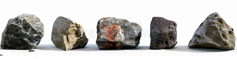 5 Different Rocks, Front View, White Background, 3d Render, Unreal ...